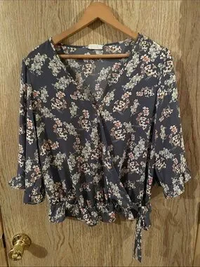 Sienna Sky | Tops | Sienna Sky Navy Floral Wrap Blouse With Tie | Poshmark